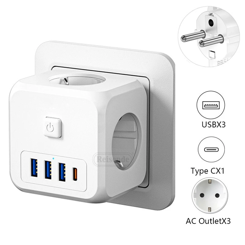 1pc EU Plug White Power Strip with 3AC Outlets 3 USB Charging Ports ...
