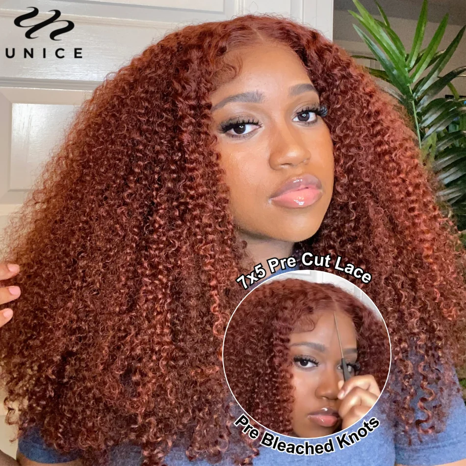 UNice Hair 7x5 Bye Bye Knots Reddish Brown Curly Human Hair Wig With ...