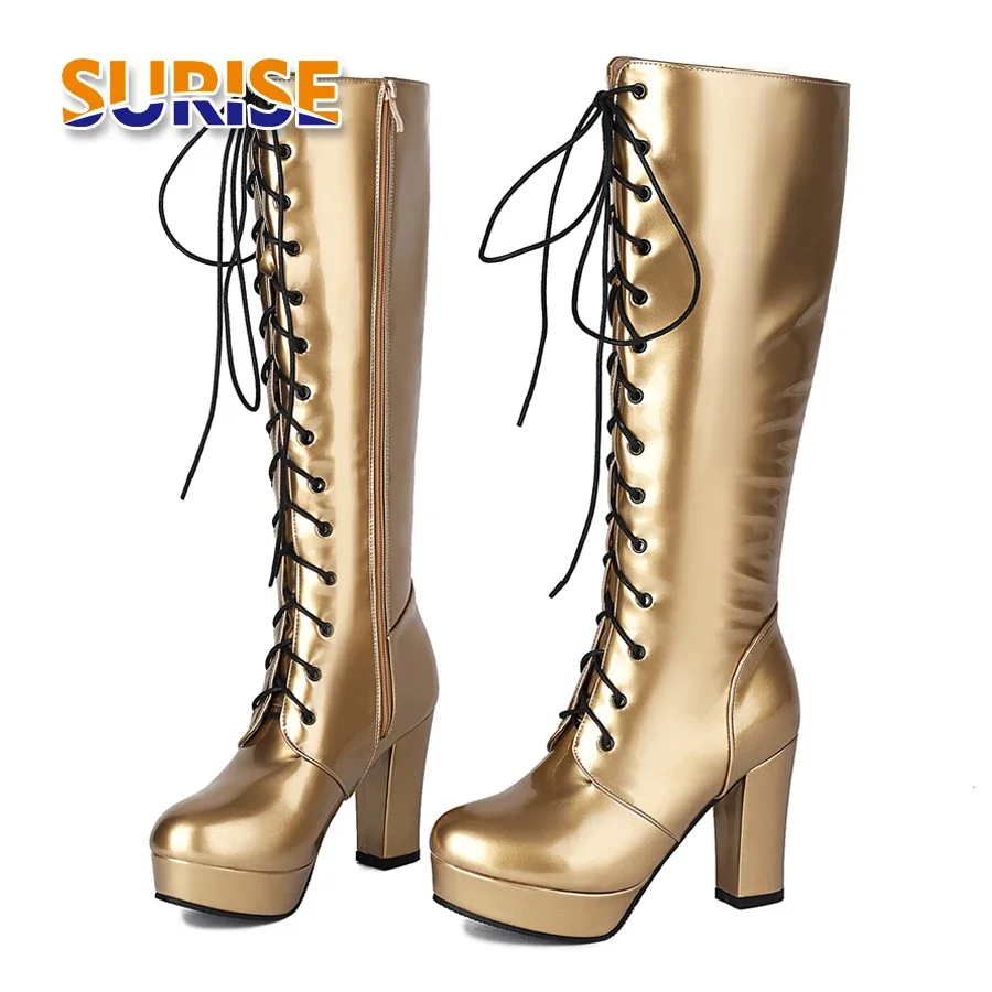 Gold Lace-up Patent Leather Platform Knee High Boots Women Chunky Heel ...