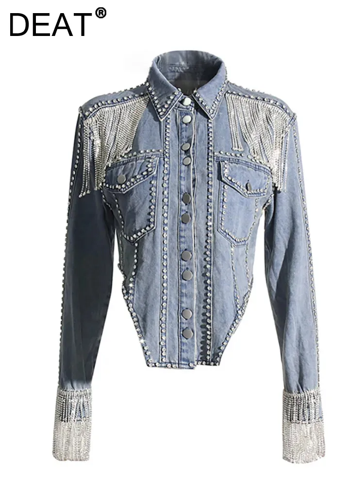 DEAT-Women-s-Denim-Coat-Diamond-Tassel-Chains-Rhinestone-Irregular-Long ...