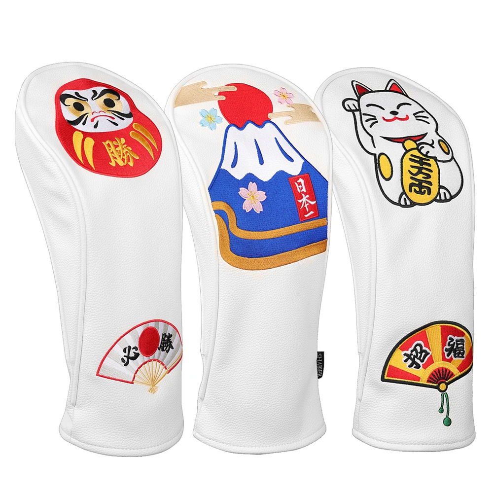 PU Leather Japan Cat Mountain Full Embroidery Golf Headcover Golf ...