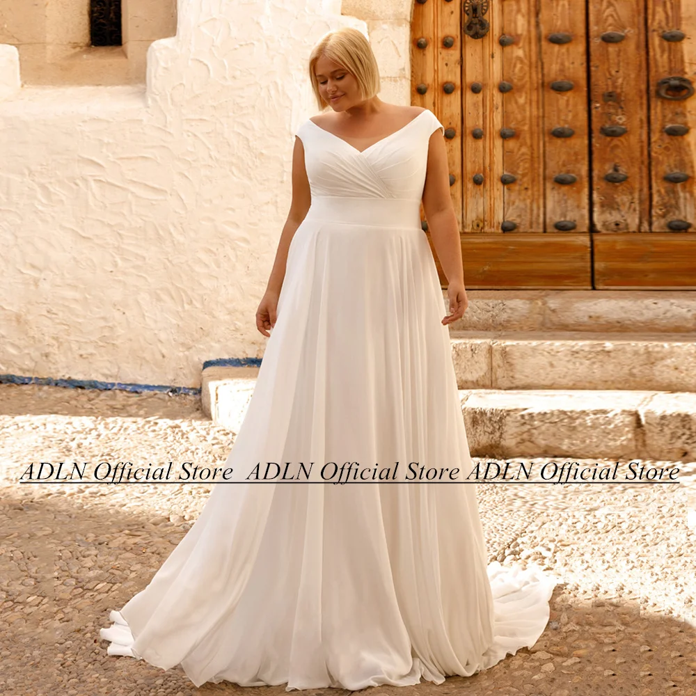 ADLN Simple Wedding Dress Plus Size New Arrival Cap Sleeve V Neck Pleat ...