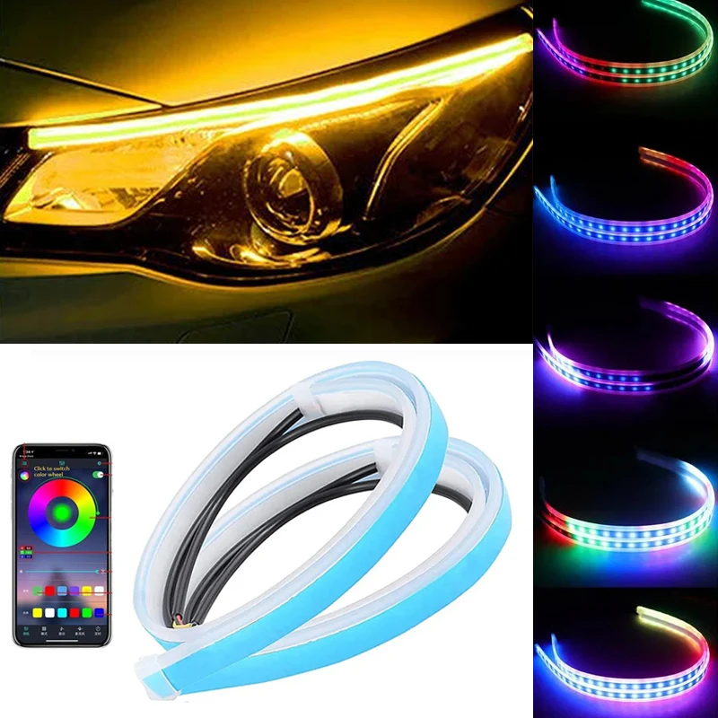 2Pcs-DRL-Flexible-Turn-Signal-Lights-RGB-LED-Headlight-Strip-Decorative ...