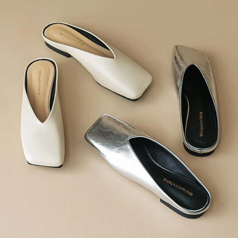 New-Summer-Women-Concise-Square-Toe-Slides-Female-Silver-Holographic ...