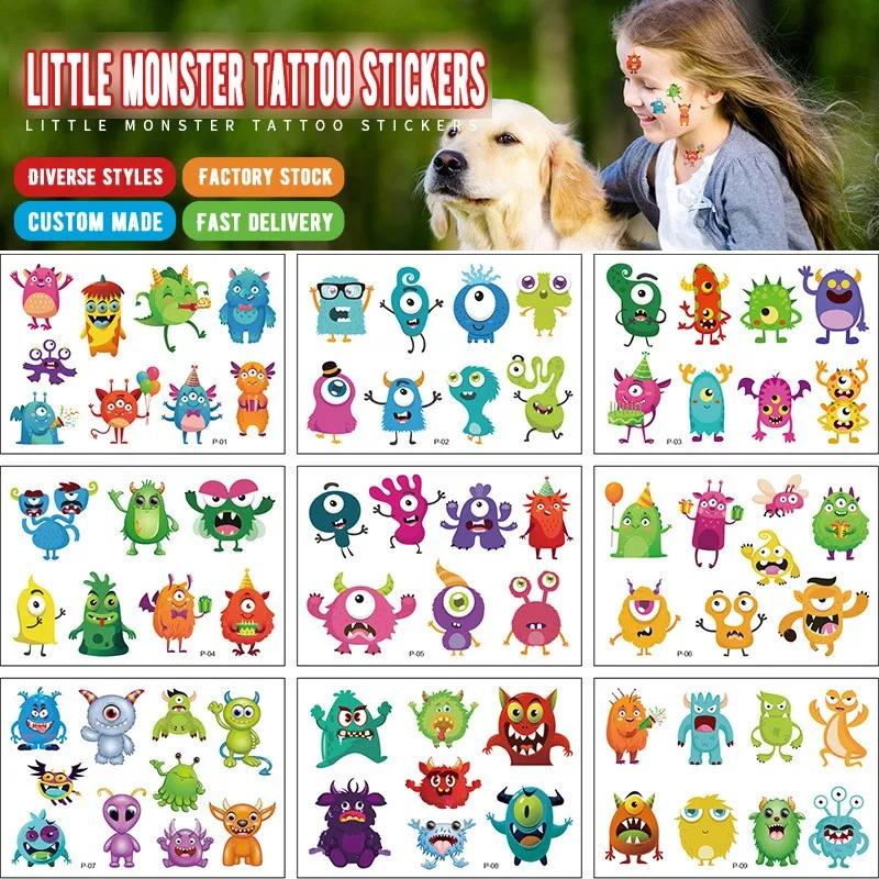 12 Pack Little Monster Cartoon Children Tattoo Stickers Cute Funny ...