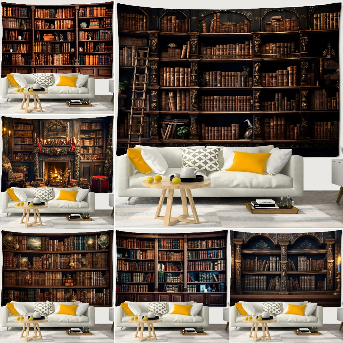 Medieval-Tapestry-Vintage-Bookshelf-Tapestries-Retro-Library-Old-Book ...