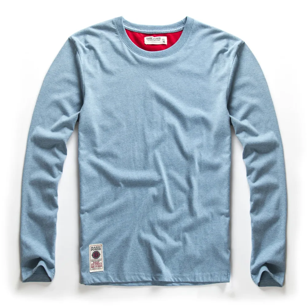 Spring-Long-Sleeve-t-shirts-Men-Solid-Color-100-Cotton-O-neck-Tops-Plus ...