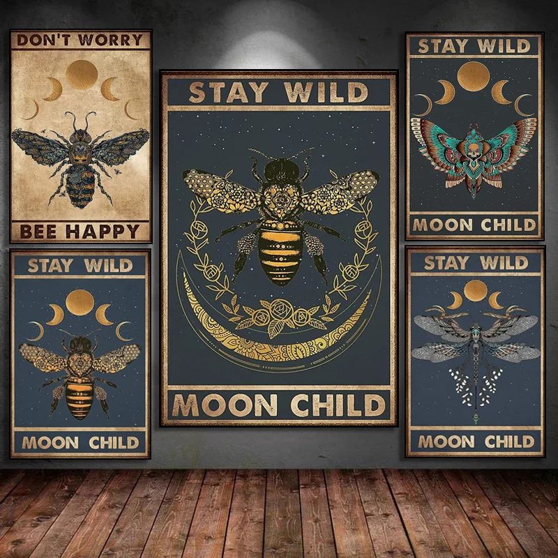 Bee-Dragonfly-Moth-Insect-Vintage-Print-Poster-Canvas-Painting-Moon-Dot ...