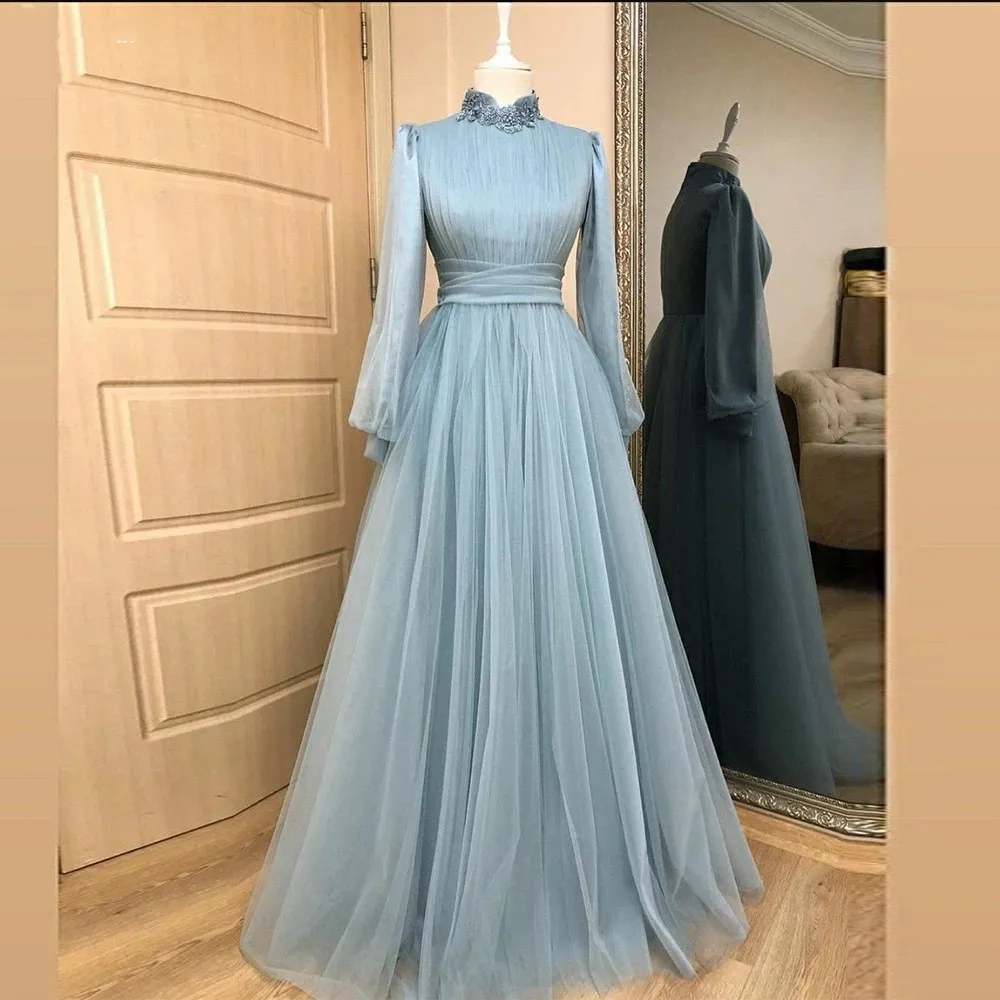 Customized Muslim Prom Dresses Applique High Neck Puff Long Sleeves ...