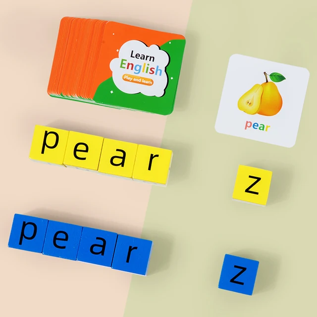 Spell The Word Game, Wooden Reading Building Blocks with 54 Cards ...