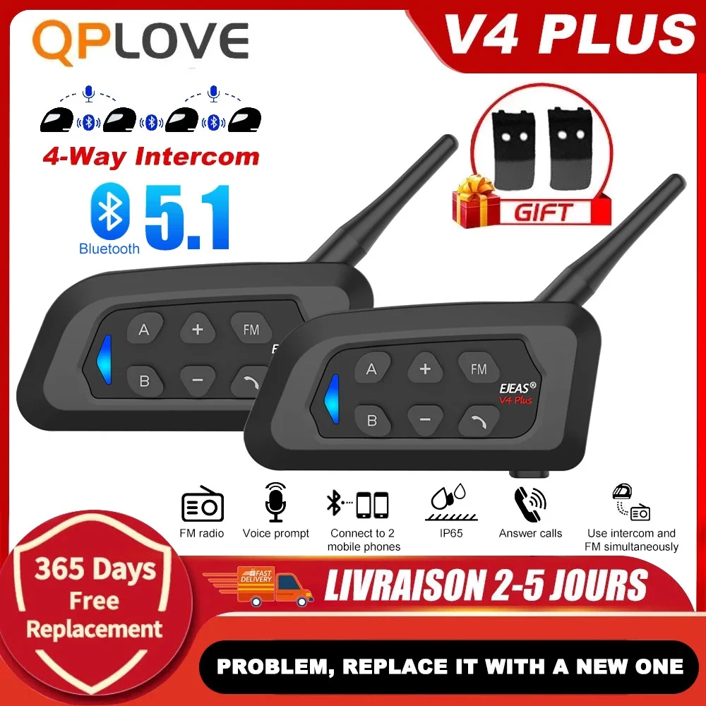 EJEAS V4 Plus Bluetooth Motorcycle Helmet Intercom Headset with 1500M ...