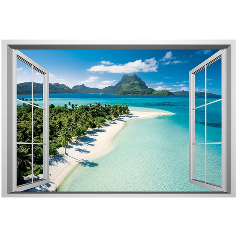 Ocean-View-Mural-3D-Wall-Art-Beach-Palm-Trees-Fake-Window-Vinyl ...