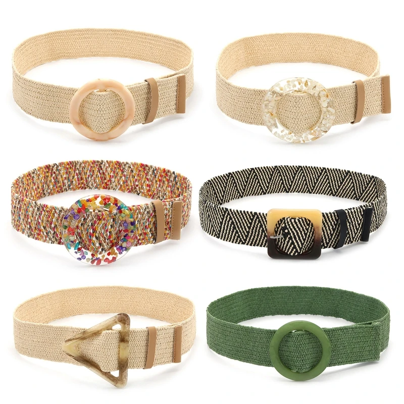 Adjustable-Buckle-Waist-Belt-Women-Elastic-Belt-Plastic-Weave-Braided ...