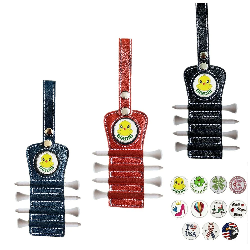 Leather Golf Tee Holder with 4 Pcs Wood Tee 1 Magnet Ball Marker Hook ...