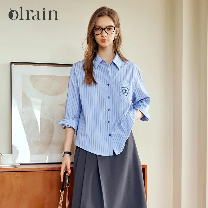 OLrain Blue Striped Shirt Woman Autumn 2025 Cotton Embroidery British ...