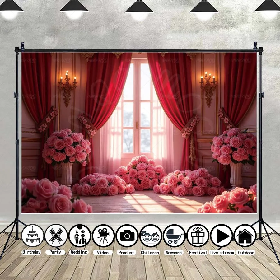 MOON.QG Decor Valentine's Day February 14 Background Pink Floral Window Red Curtains Backdrops ...