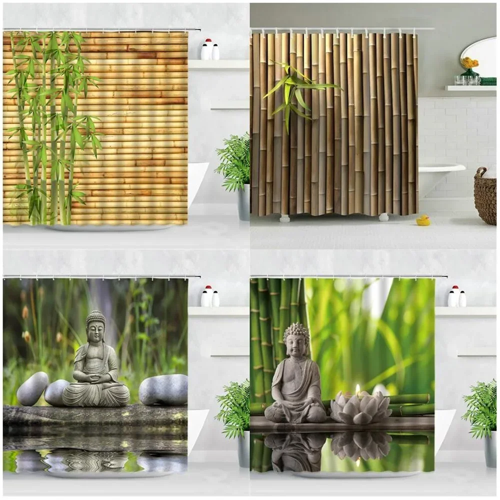 Zen Green Bamboo Shower Curtains Stone Buddha Lotus Candle Asian ...