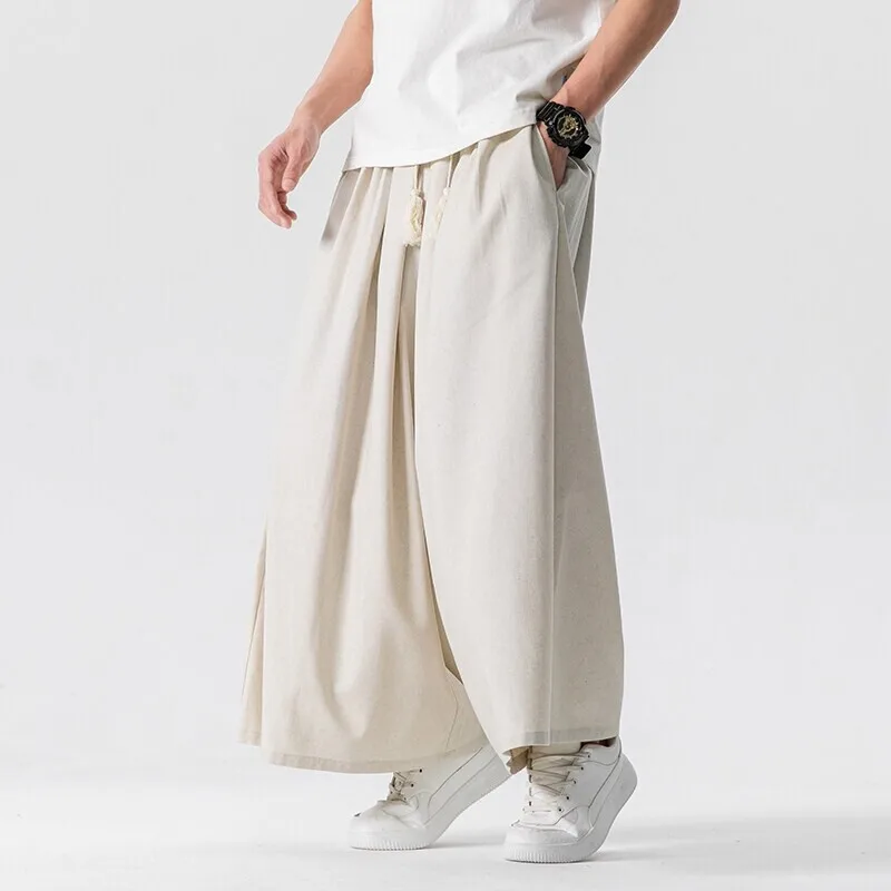 Kimono Men Pants Japanese Samurai Costume Solid Color Drawstring Waist ...