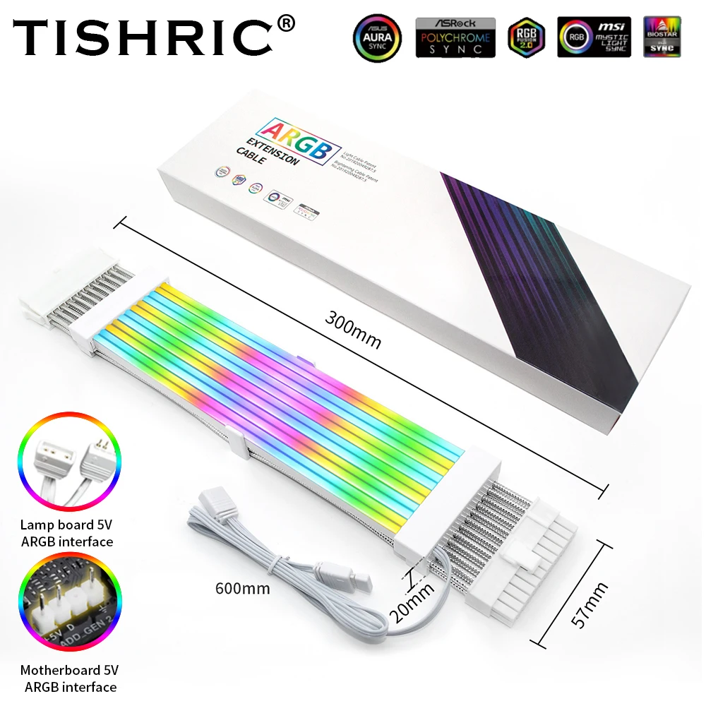 TISHRIC ARGB Sync PSU Power Supply Extension Cable 18AWG ATX 24Pin 8Pin ...