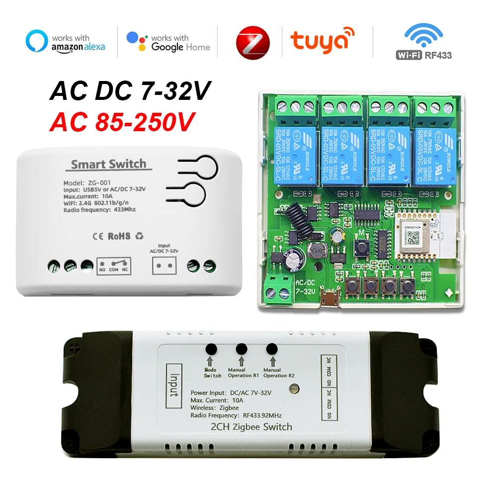 Zigbee Tuya Smart Relay Module On Off Controller 1/2/4CH DC5V 7 32V AC 220V RF433Mhz Remote ...