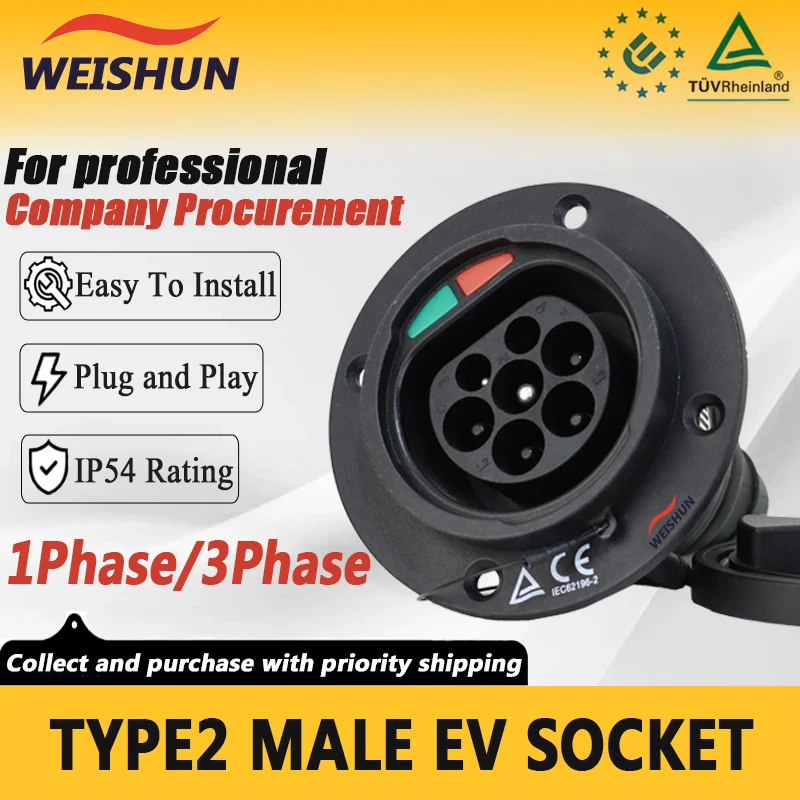 IEC 62196-2 Type 2 Male Socket 16A 32A Single Phase Three Phase EV ...