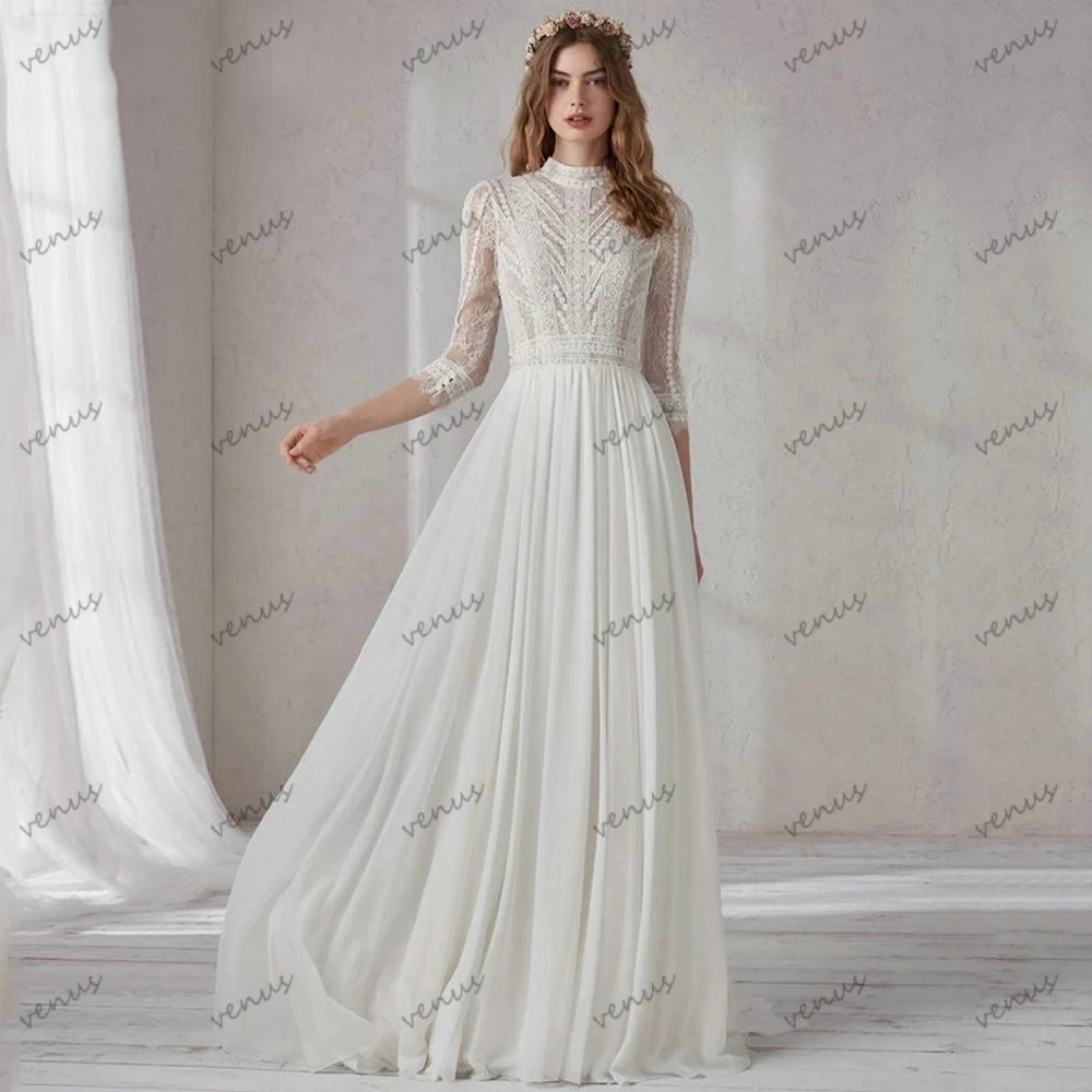 Modest Wedding Dresses BOHO Bridal Gowns Three Quarters Sleeves Chiffon ...