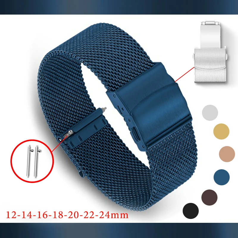 Mesh-Loop-Watch-Band-Stainless-Steel-Deployment-Clasp-Straps-12mm-14mm ...
