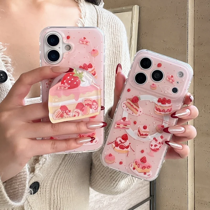 Cute Strawberry Cake Shaking Bracket Magnetic Phone Case For iPhone 17 ...