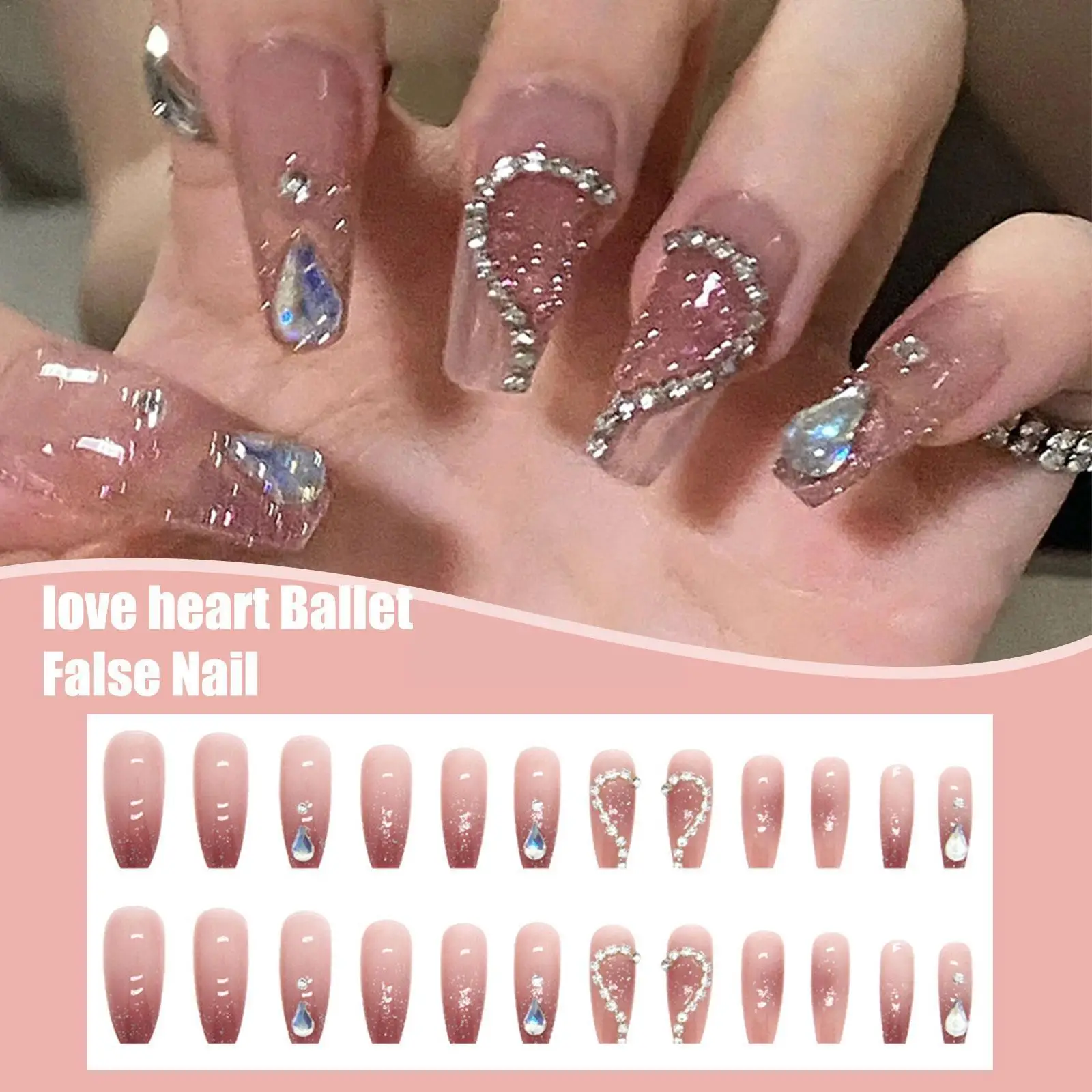 24pcs Fake Nails Press on Short with Designs Set Crystals Tipsy kawaii ...