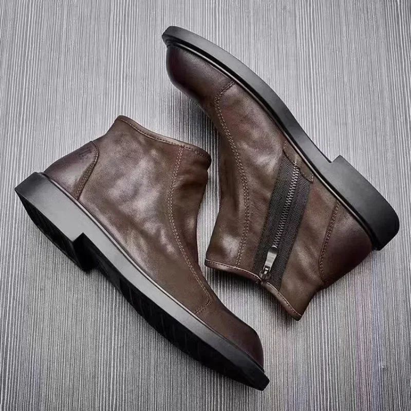 British-Style-High-Top-Natural-Leather-Men-Boots-Mid-Top-Siide-Zipper ...