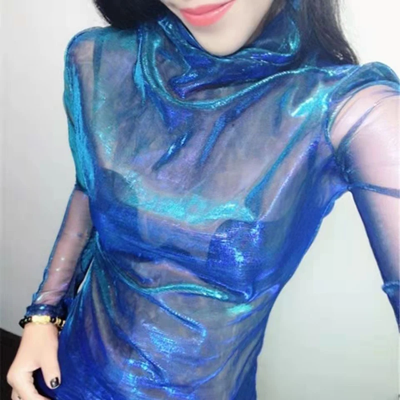 Lucyever 여성용 그라데이션 긴팔 셔츠, 섹시한 시스루 터틀넥 블라우스, 얇은 레이스 보터밍 탑, 2022 여름 패션| | - AliExpress