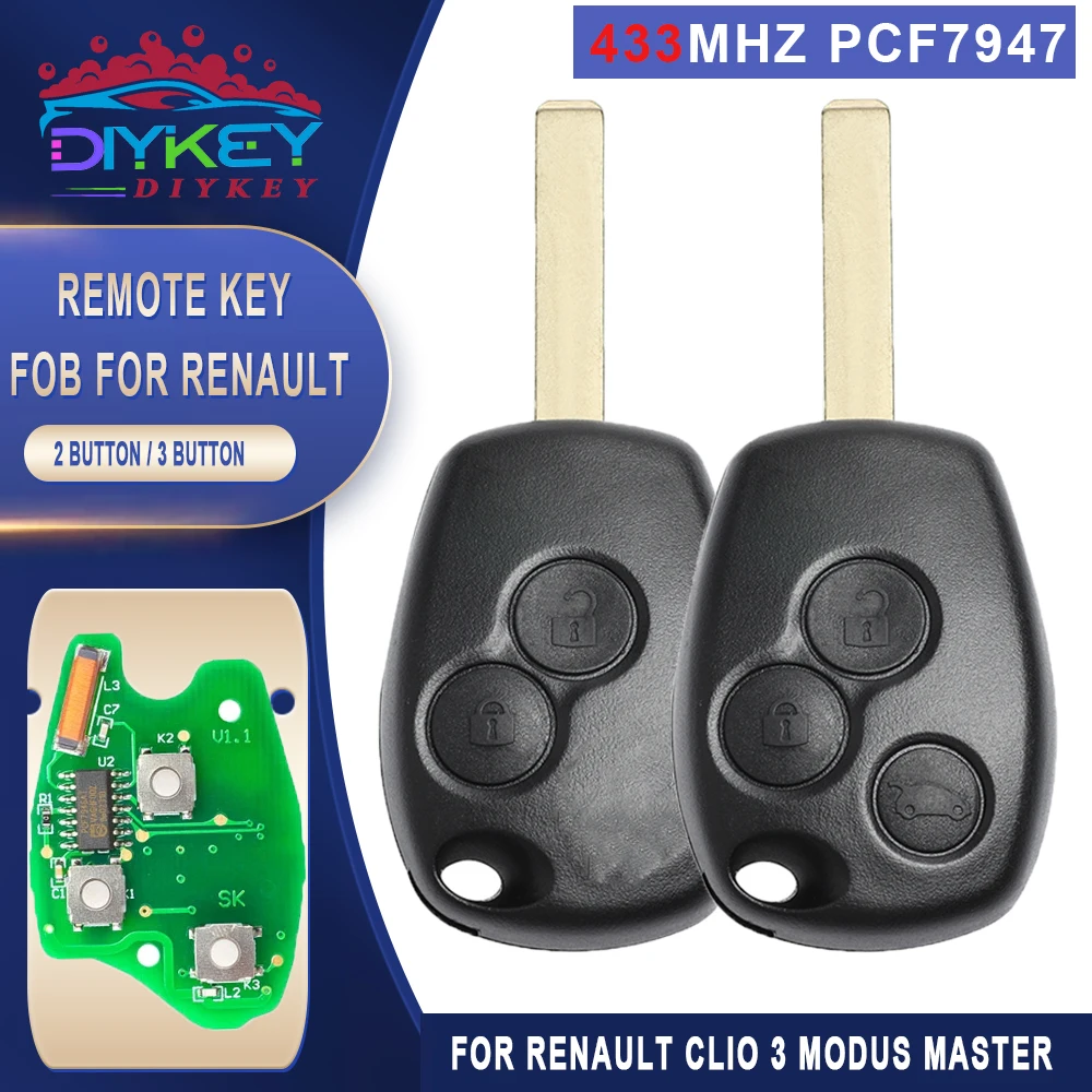 DIYKEY 433MHz PCF7947 Chip Remote Key 2B/ 3 Button for Renault Clio 3 ...