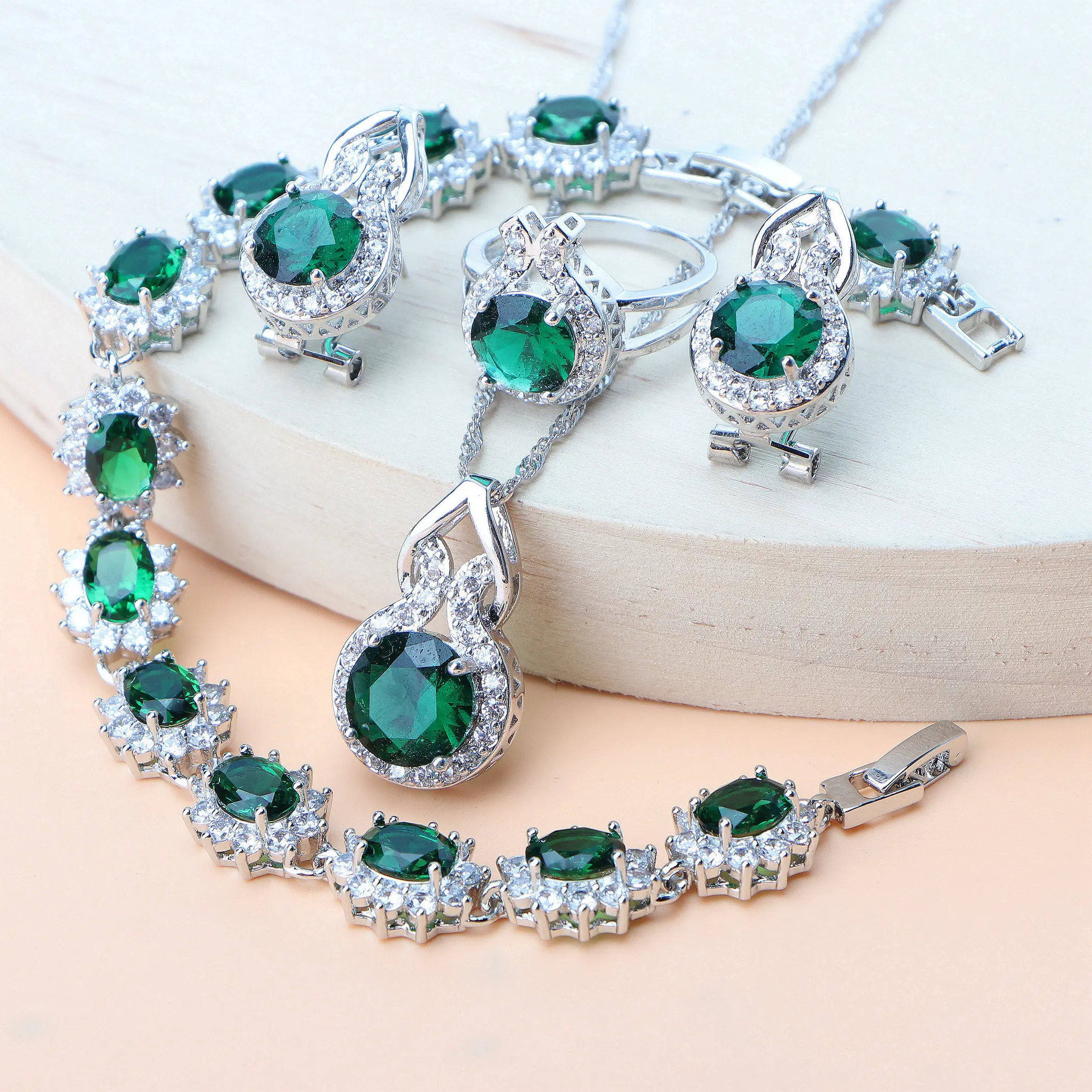 Silver 925 Green Zironia Jewelry Sets Birdal Rings Bracelets Pendant ...