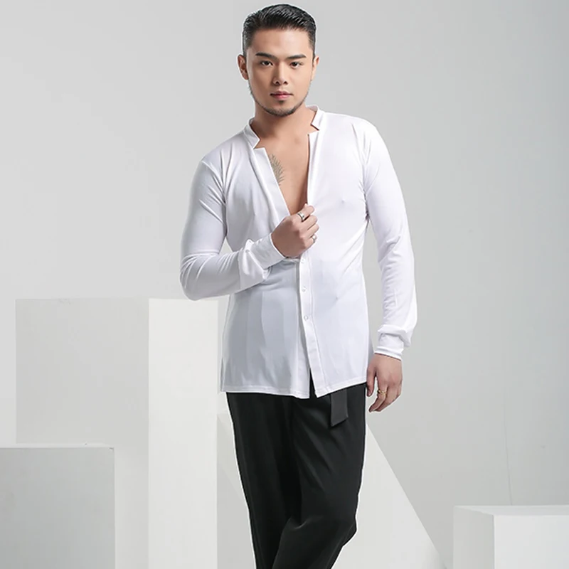 2024-Big-V-Neck-Latin-Dance-Tops-For-Men-Long-Sleeved-Practice-Clothes ...