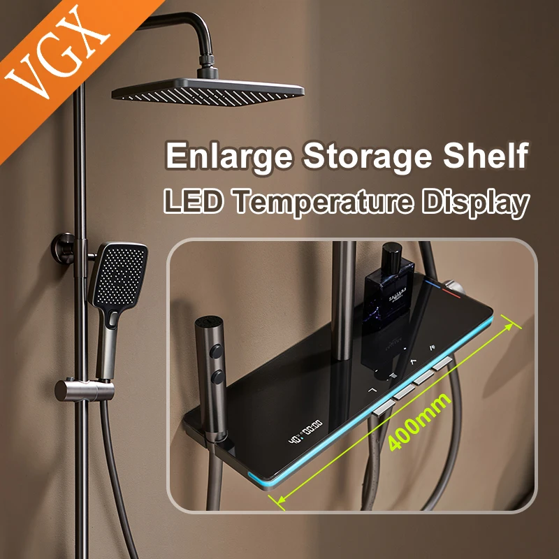 VGX LED Digital Shower System Modern Bathroom Temperature Display Shower Faucet Set Rainlfall ...
