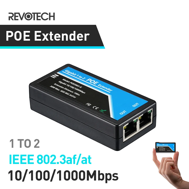 Revotech 기가비트 2 포트 POE 확장기, IEEE 802.3af/at PoE + 표준, 10/100/1000Mbps ...