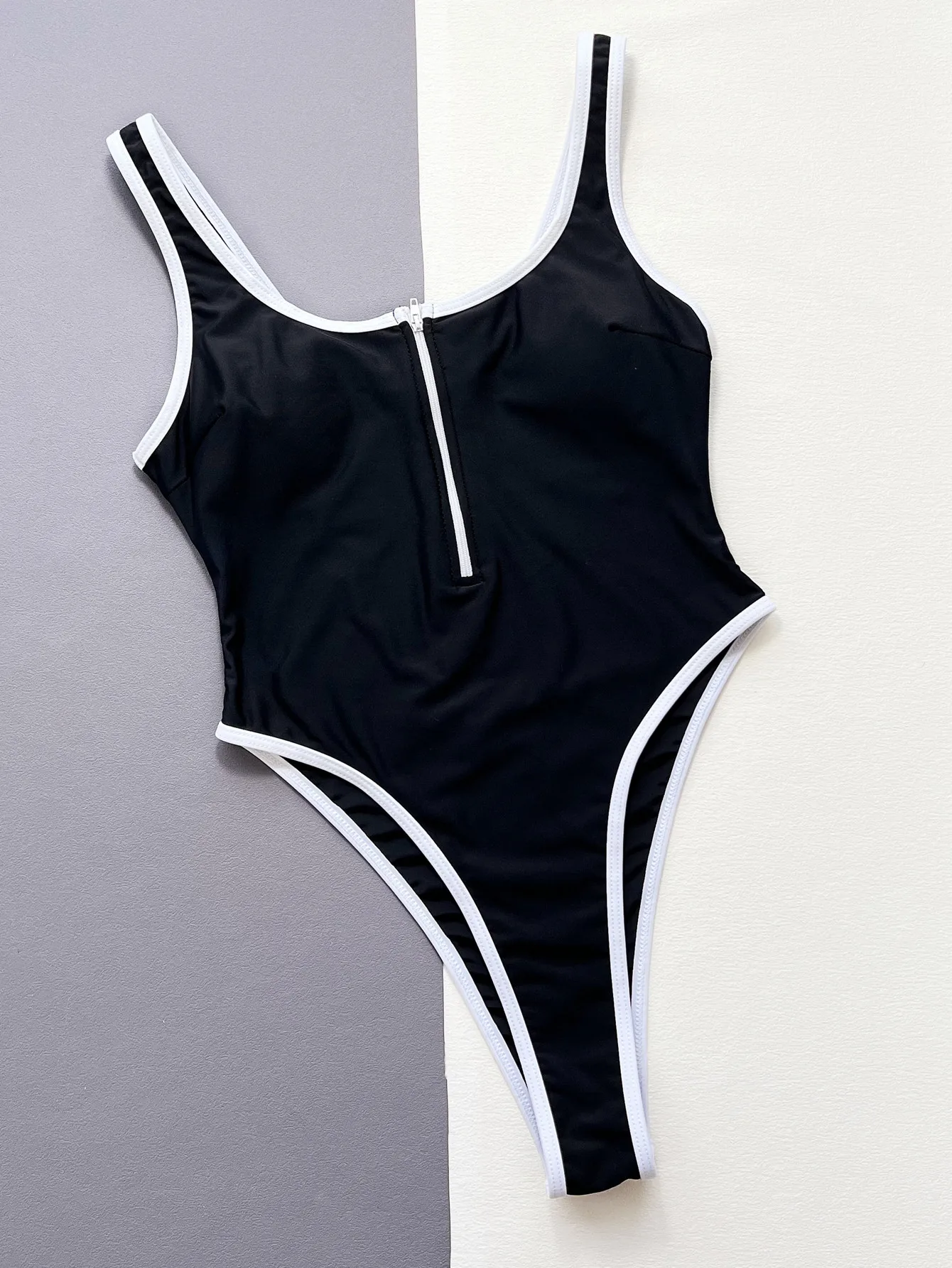 sexy-zipper-black-white-patchwork-swimsuit-one-piece-thong-Bikinis ...