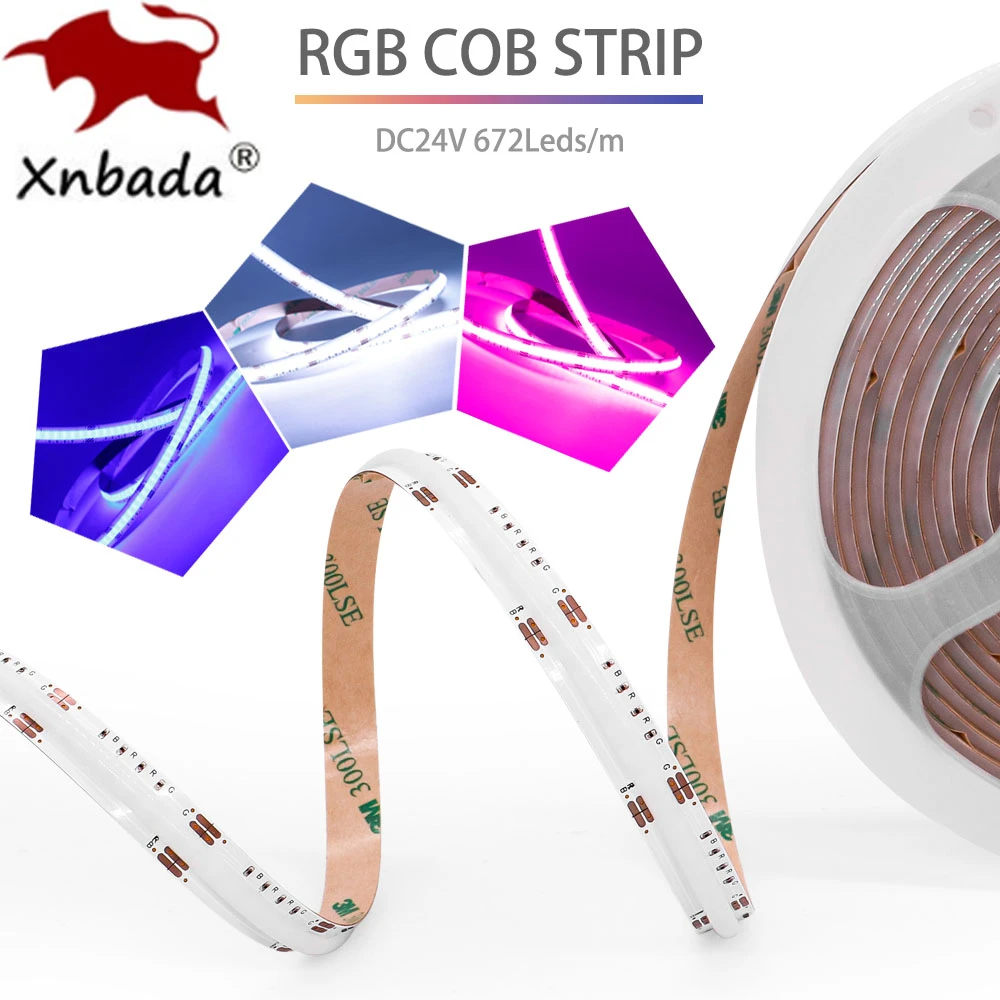 RGB COB LED Strip 24V 672LEDs/m Flexible High Bright Dotless Colorful ...