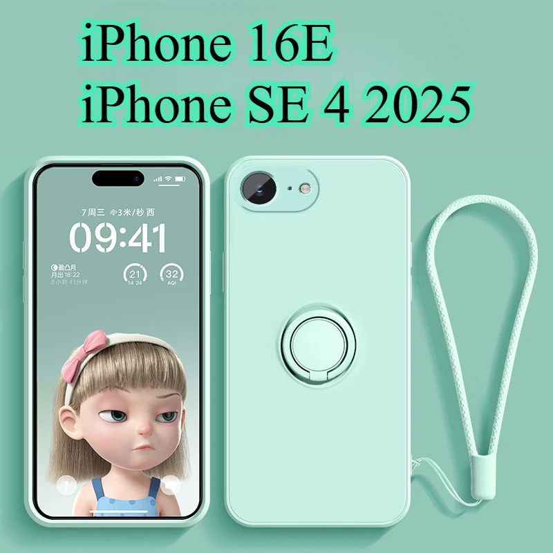 For iPhone 16E 16 E Liquid Silicone Ring Stand Phone Cases For iPhone ...