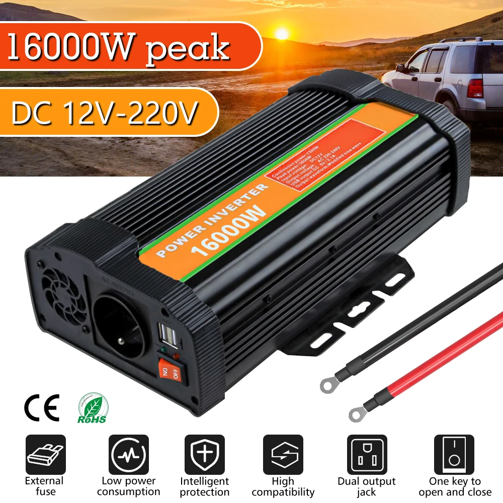 1600W Pure Sine Wave Inverter DC 12V to 110V AC Converter and Peak ...