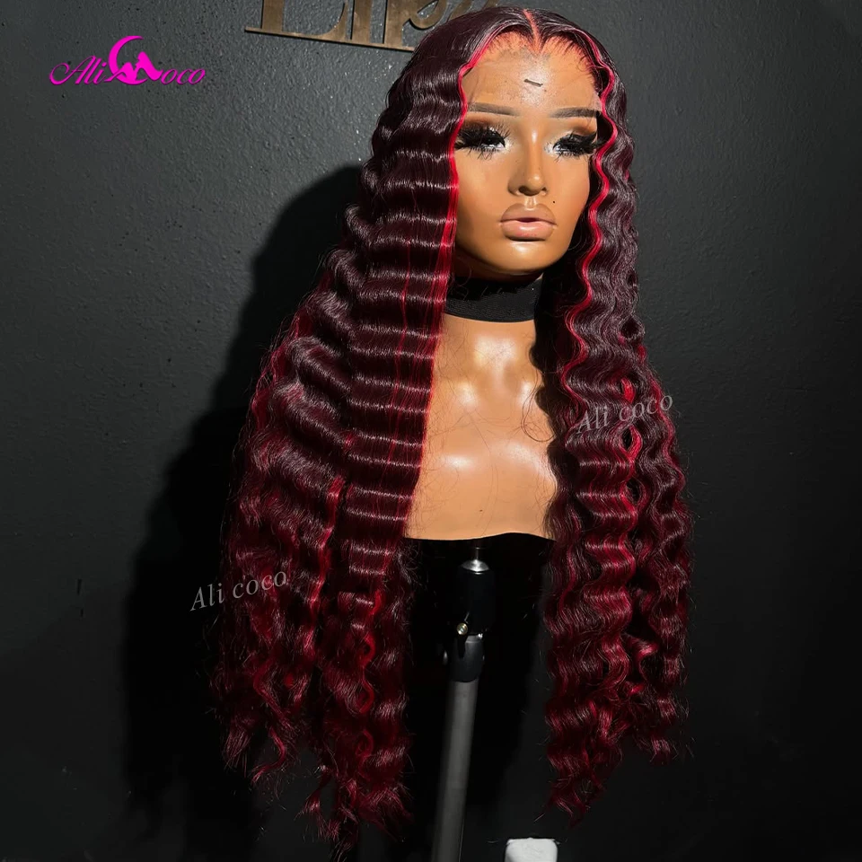 99J Deep Wave Wig Highlight Red Deep Wave 13x6 Transparent Lace Front ...