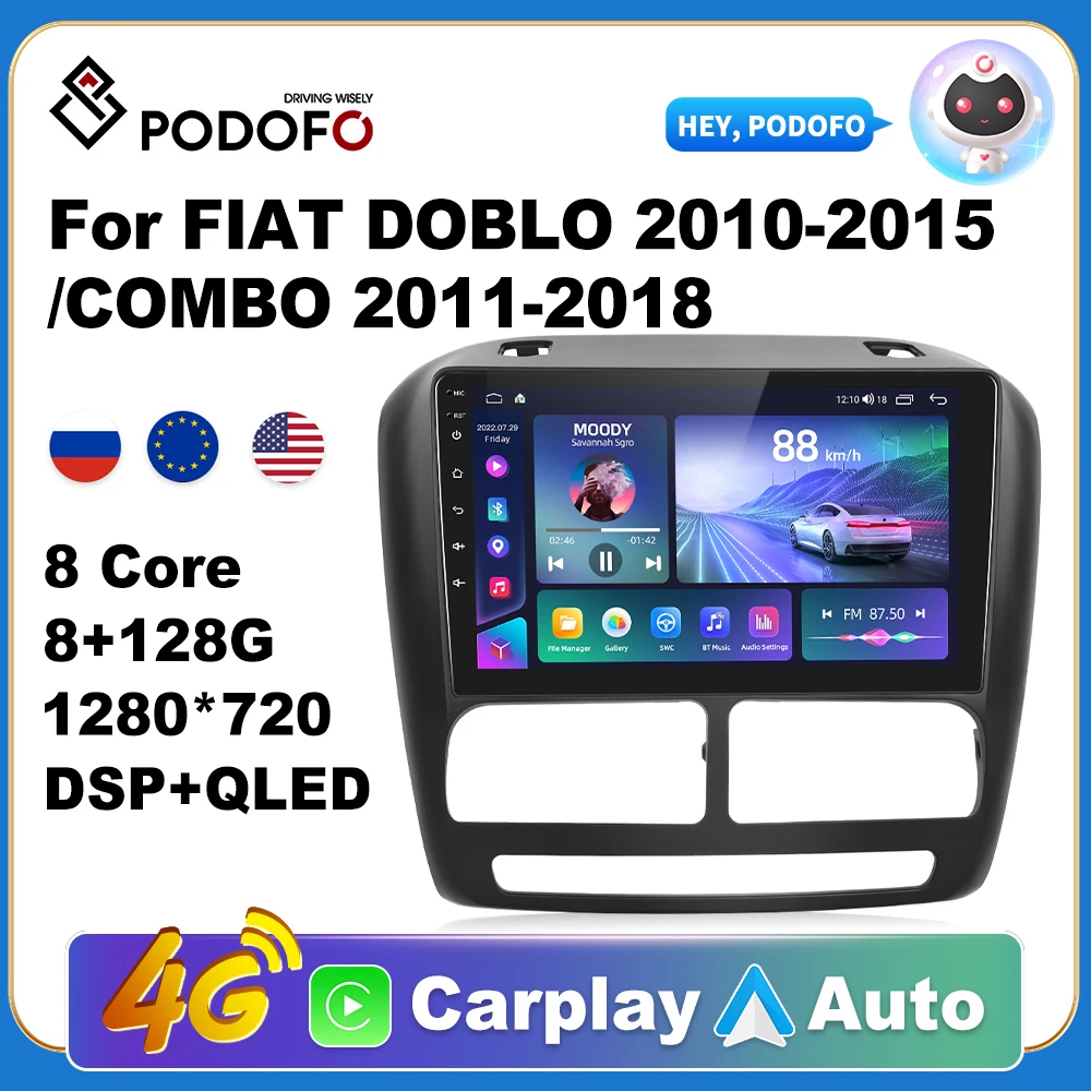 Leitor multimídia de rádio do andróide carplay do carro de podofo para fiat doblo 2010 2015 ...