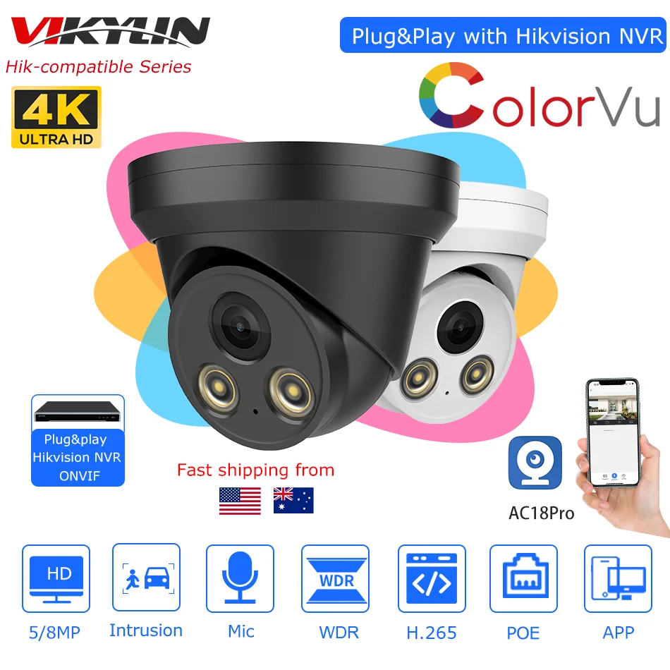 Hikvision Compatible 5MP 4K Colorvu IP Camera Bulit-in Mic PoE Security ...