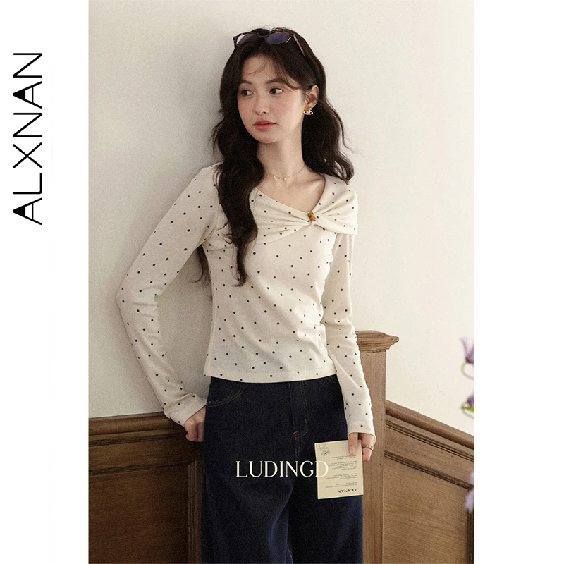 ALXNAN Women's Skew Shoulder T-shirt Long Sleeve Apricot Polka Dots ...