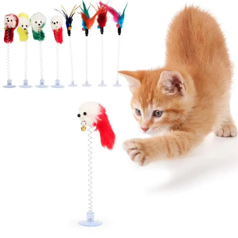 Multicolor Feather Stick Spring Toy Suction With Bell Mouse Cat ...