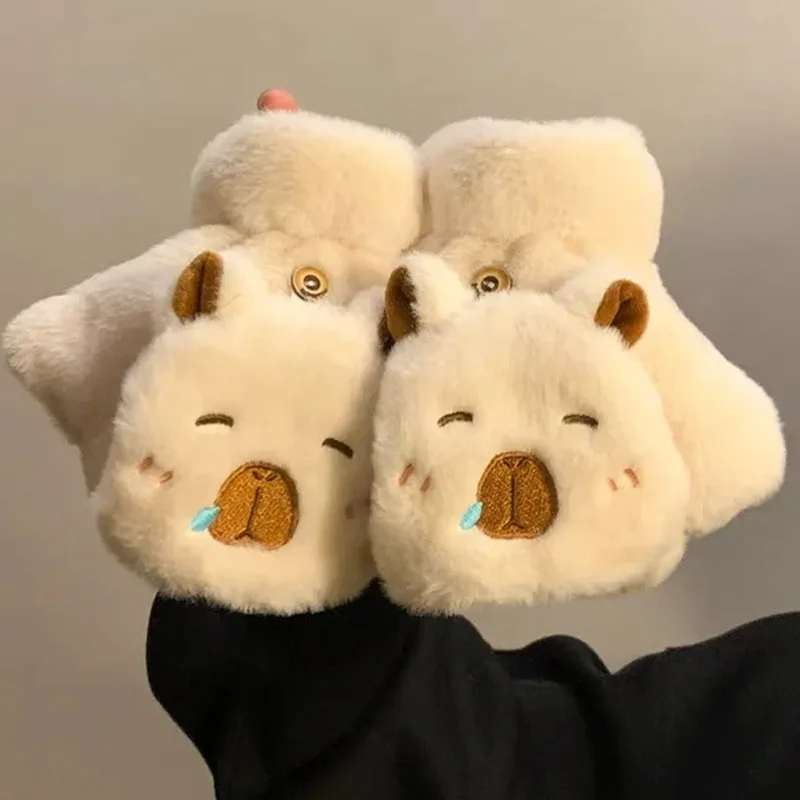 Plush Teddy Bear Flip Gloves Winter Women Half Finger Mitts Girls Thick ...