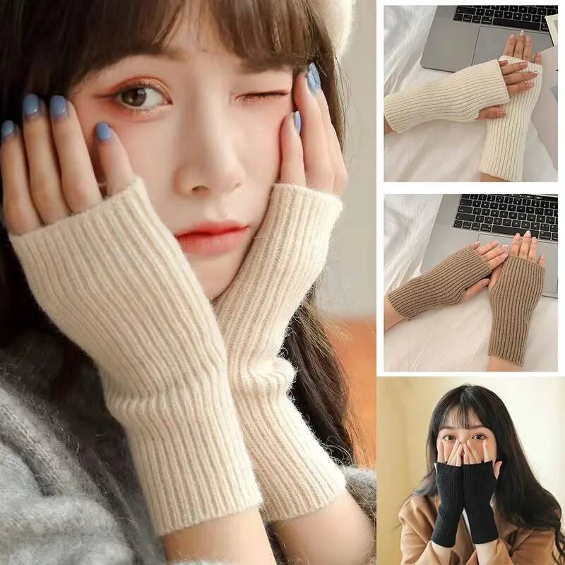 Solid-Half-Finger-Gloves-for-Women-Winter-Soft-Warm-Wool-Knitting-Arm ...