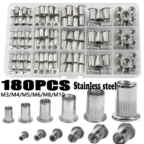 180pcs Rivet Nut Stainless M3 M4 M5 M6 M8 M10 Insert Reveting Multi Size Stainless Steel Rivet ...