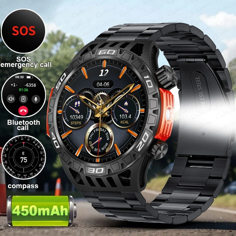 450-MAh-Battery-LED-Flashlight-Smart-Watch-Men-Compass-Heart-Rate ...