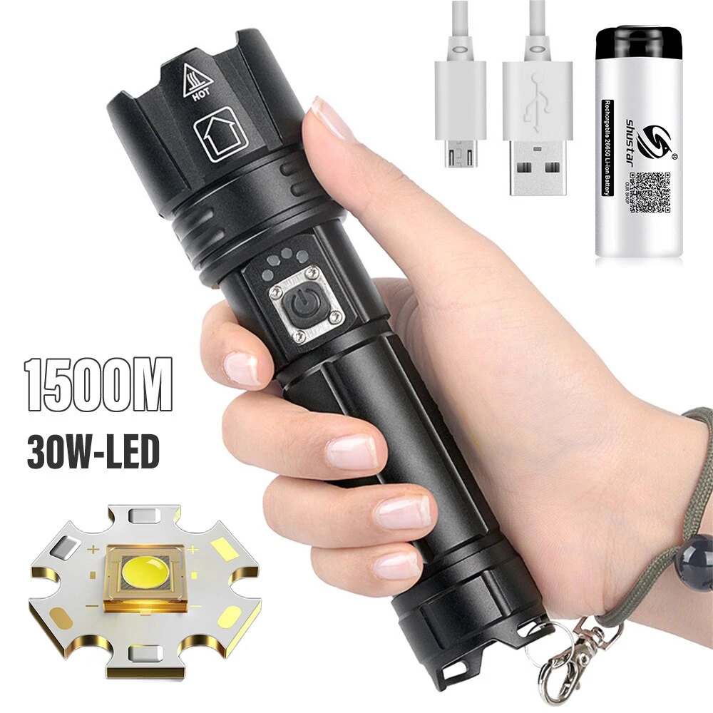 Super Bright LED Flashlight USB Rechargeable Torch Light With 30W LED ...